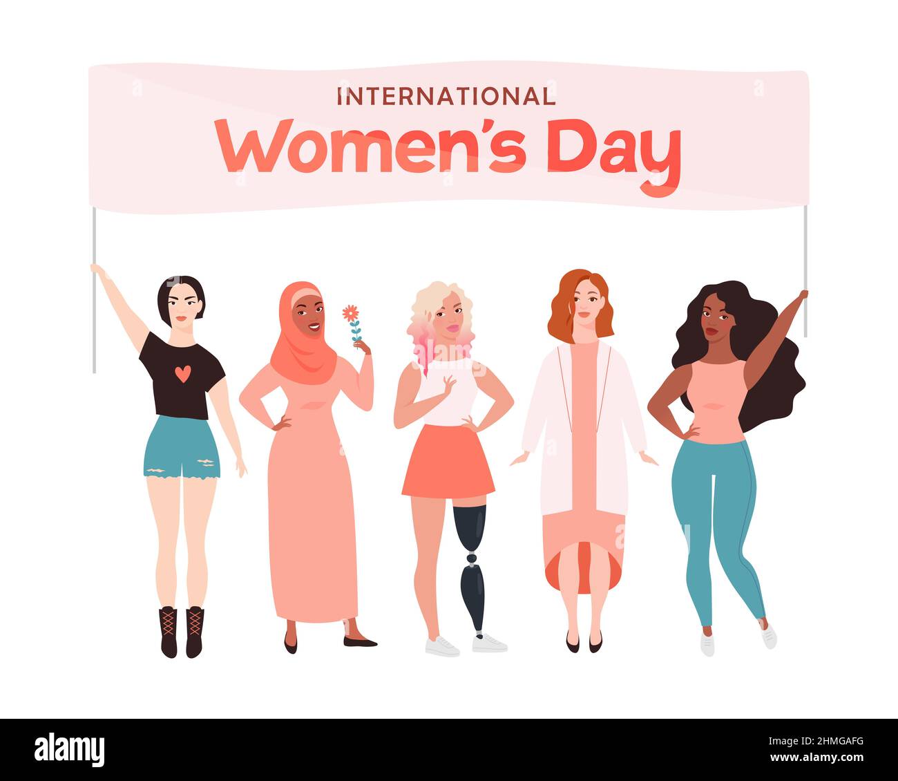 International Women's Day. Vector illustration of happy smiling women ...