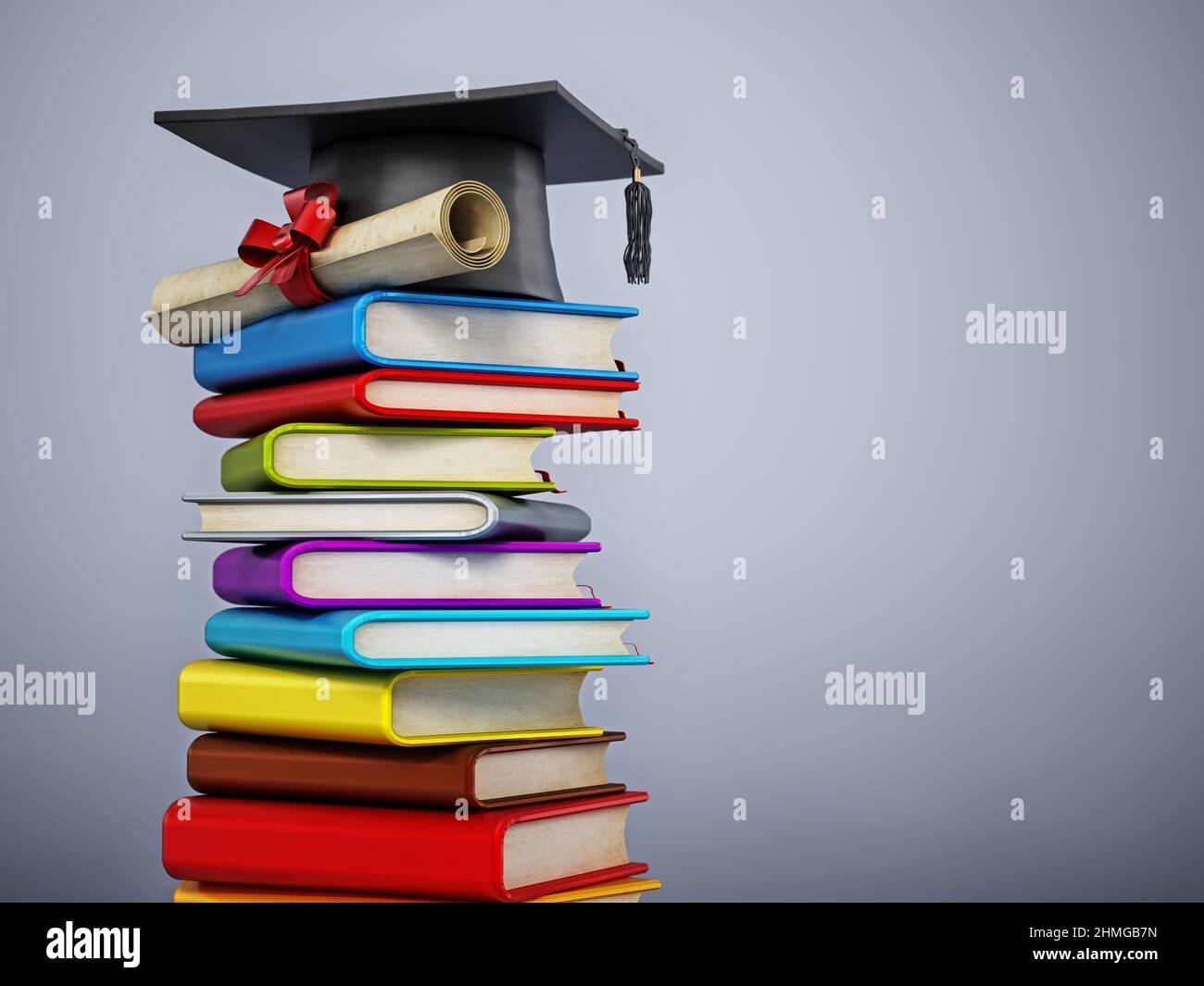Mortarboard and certificate standing on stack of colorful books. 3D illustration Stock Photo - Alamy