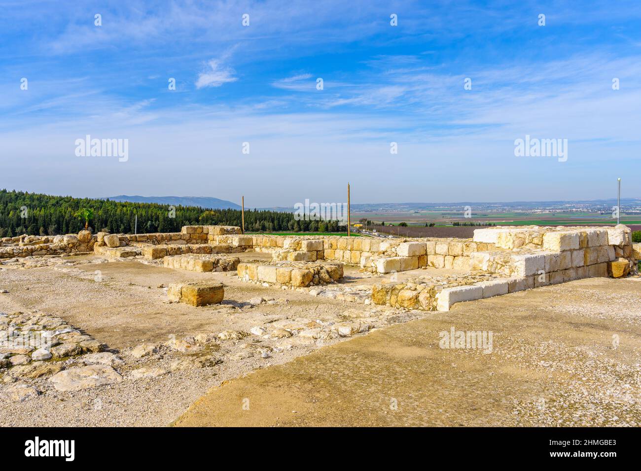 View of ancient archaeological ruins, and landscape, in Tel Megiddo ...