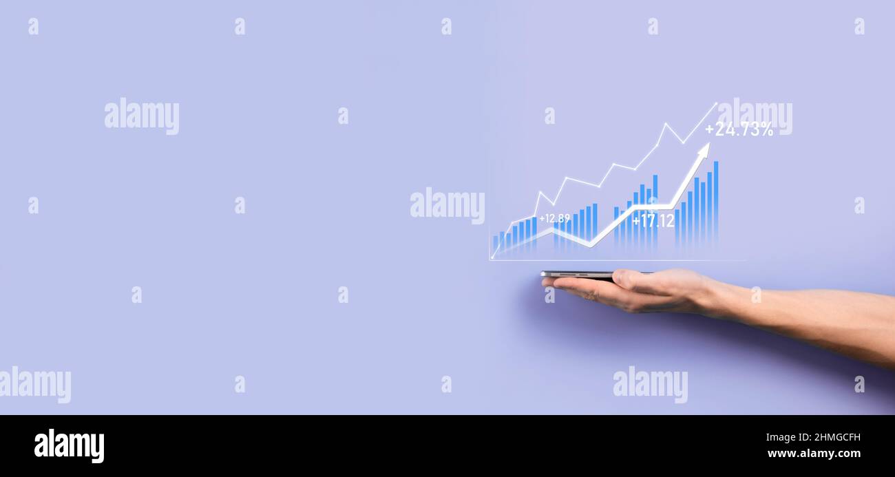 Male hand holding smart mobile phone with graph icon.checking analyzing ...