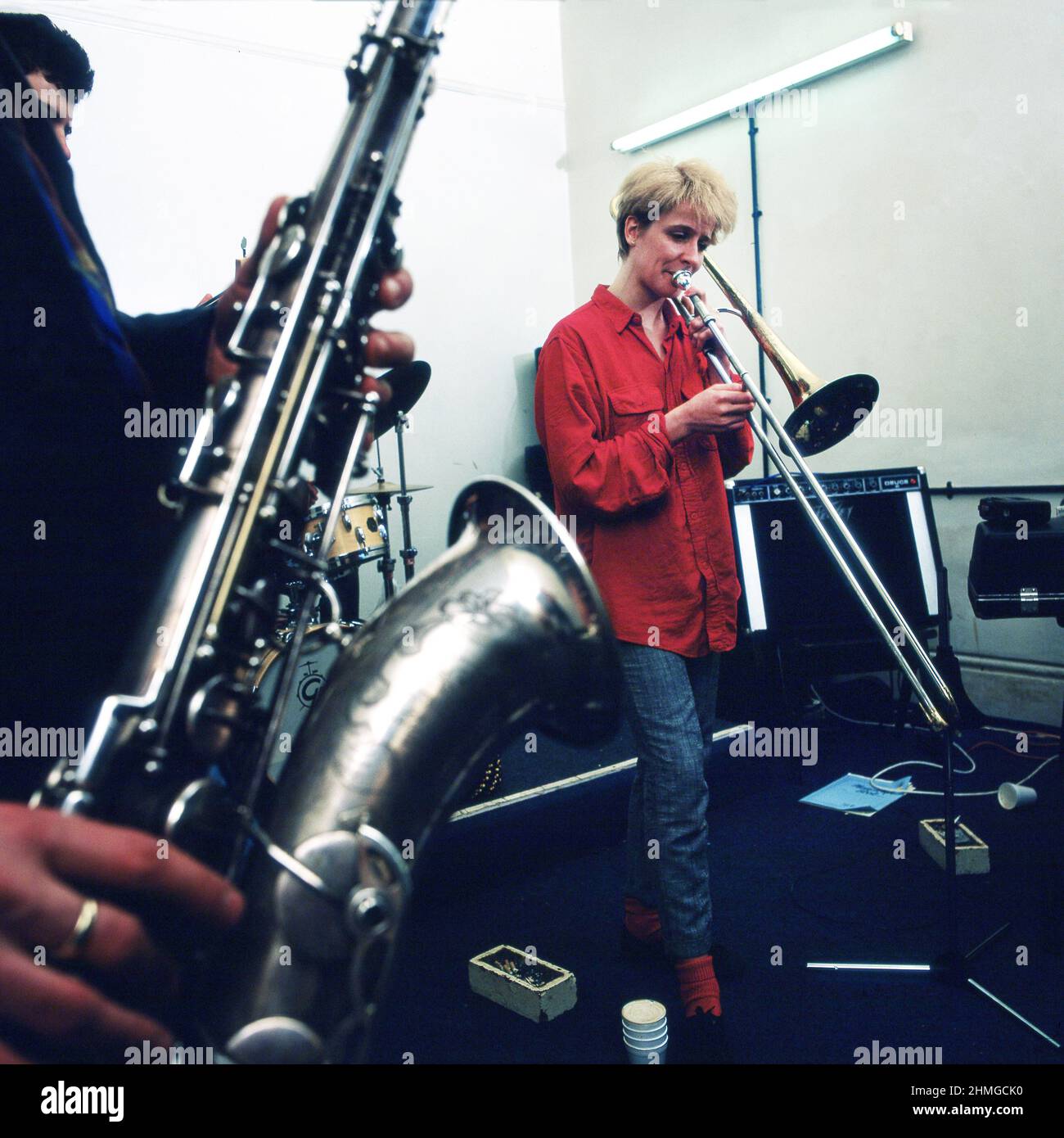 Annie Whitehead Jazz Trombone with her band in London 1985 Stock Photo ...