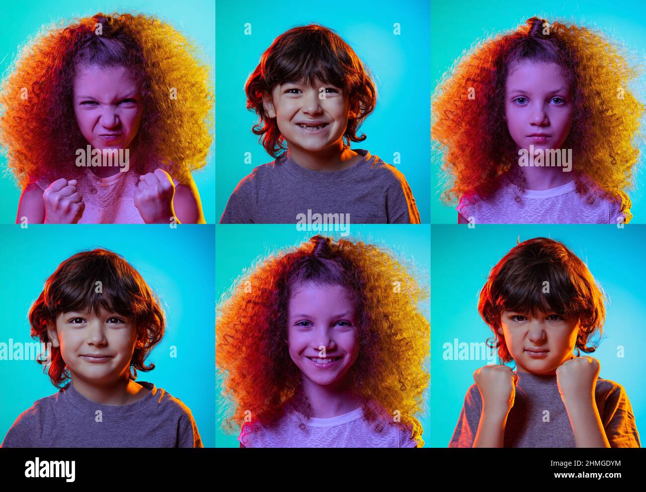 Set of portraits of little cute emotional kids, boy and girl isolated ...