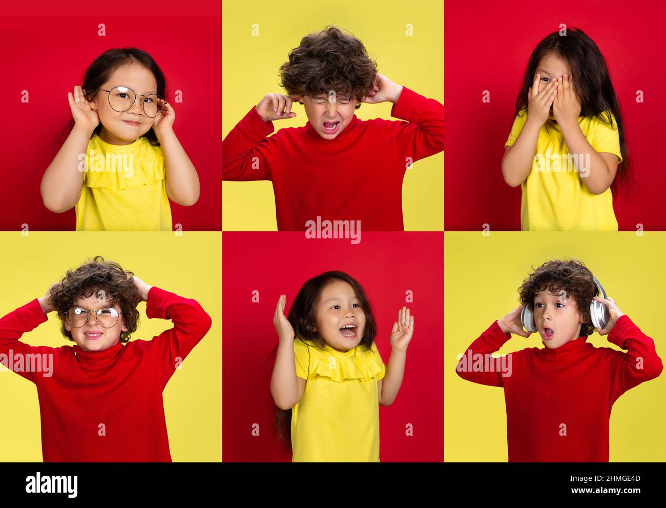 Collage made of portraits of two little kids, boy and girl isolated on ...