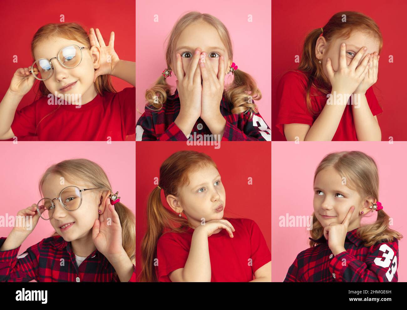 Collage made of portraits of two little kids, girls isolated on red ...