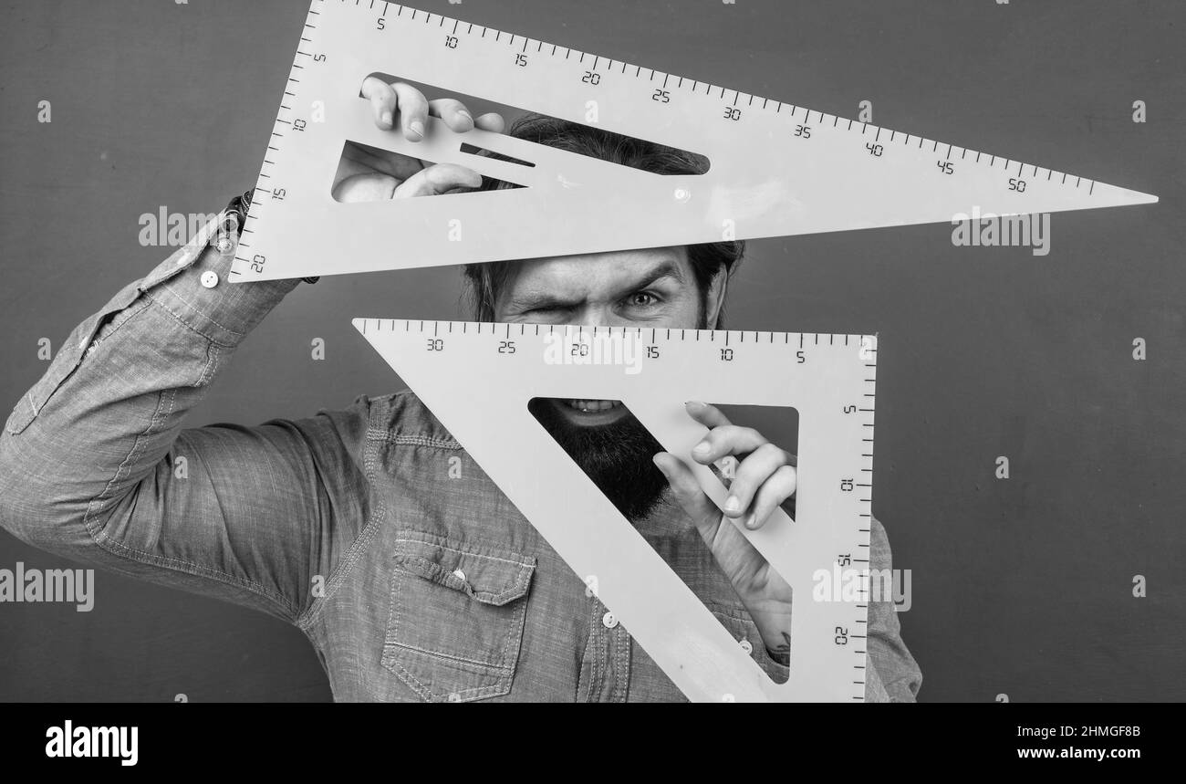 man with size measured on triangle ruler math tool, school stem ...