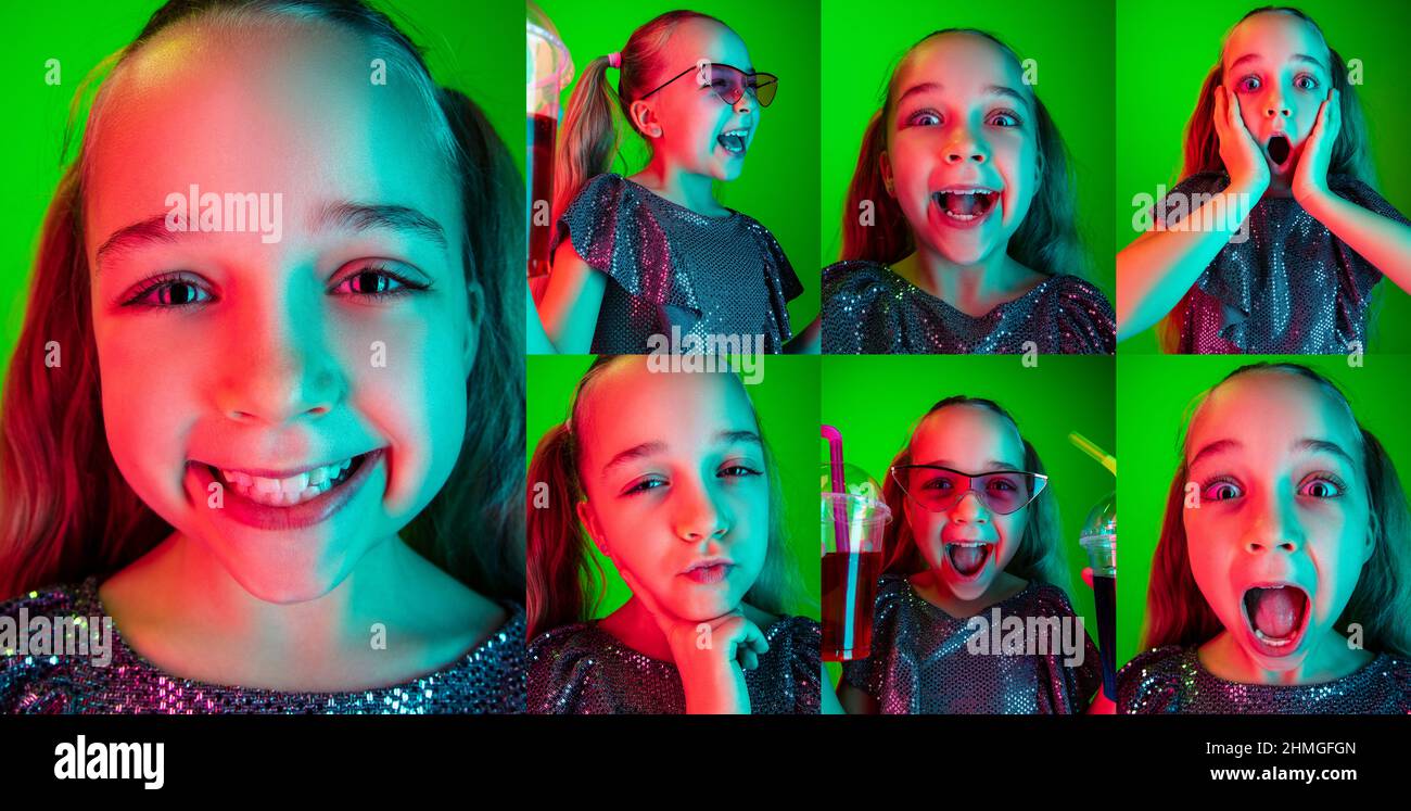 Learning to show feelings. Photo set of images of little kid, cute girl ...