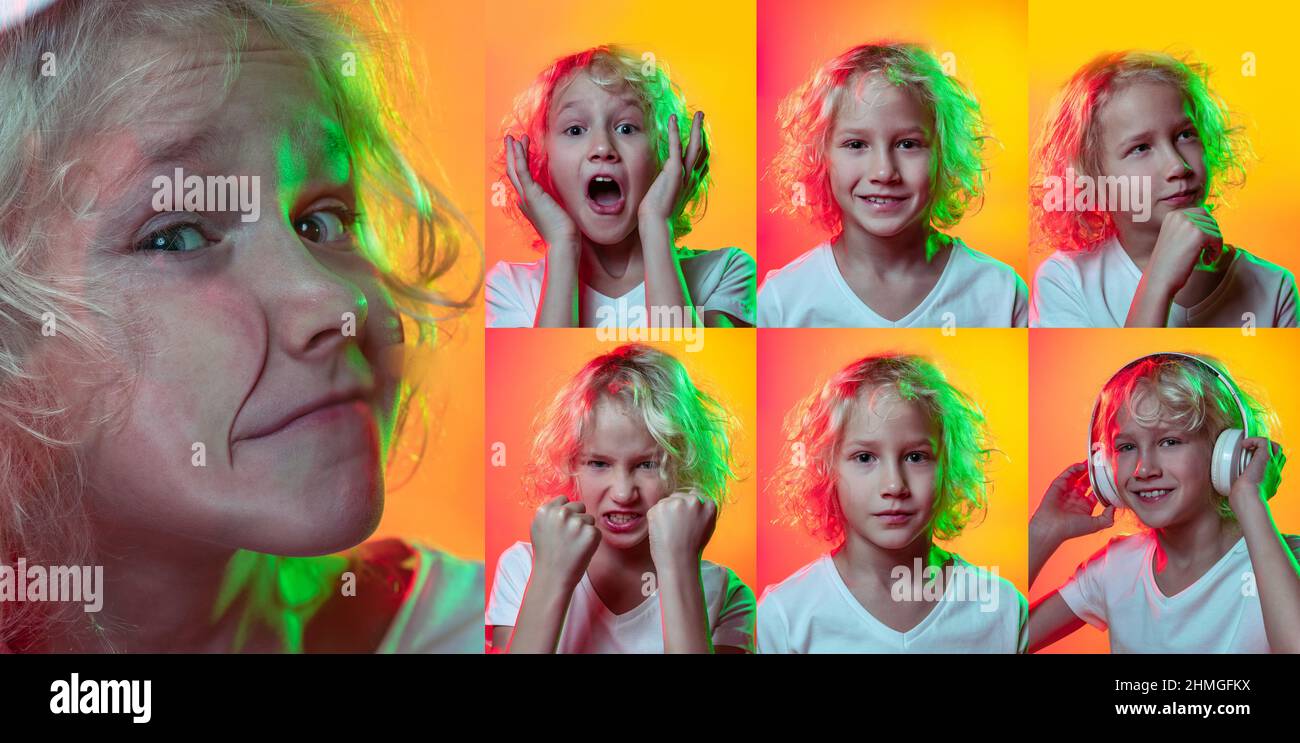 Set of kids emotions. Happy, smiling, surprised and angry. Little cute ...