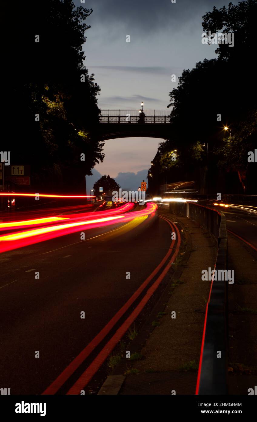 Traffic heading up Archway Road to Archway Bridge, Highgate, London, UK ...
