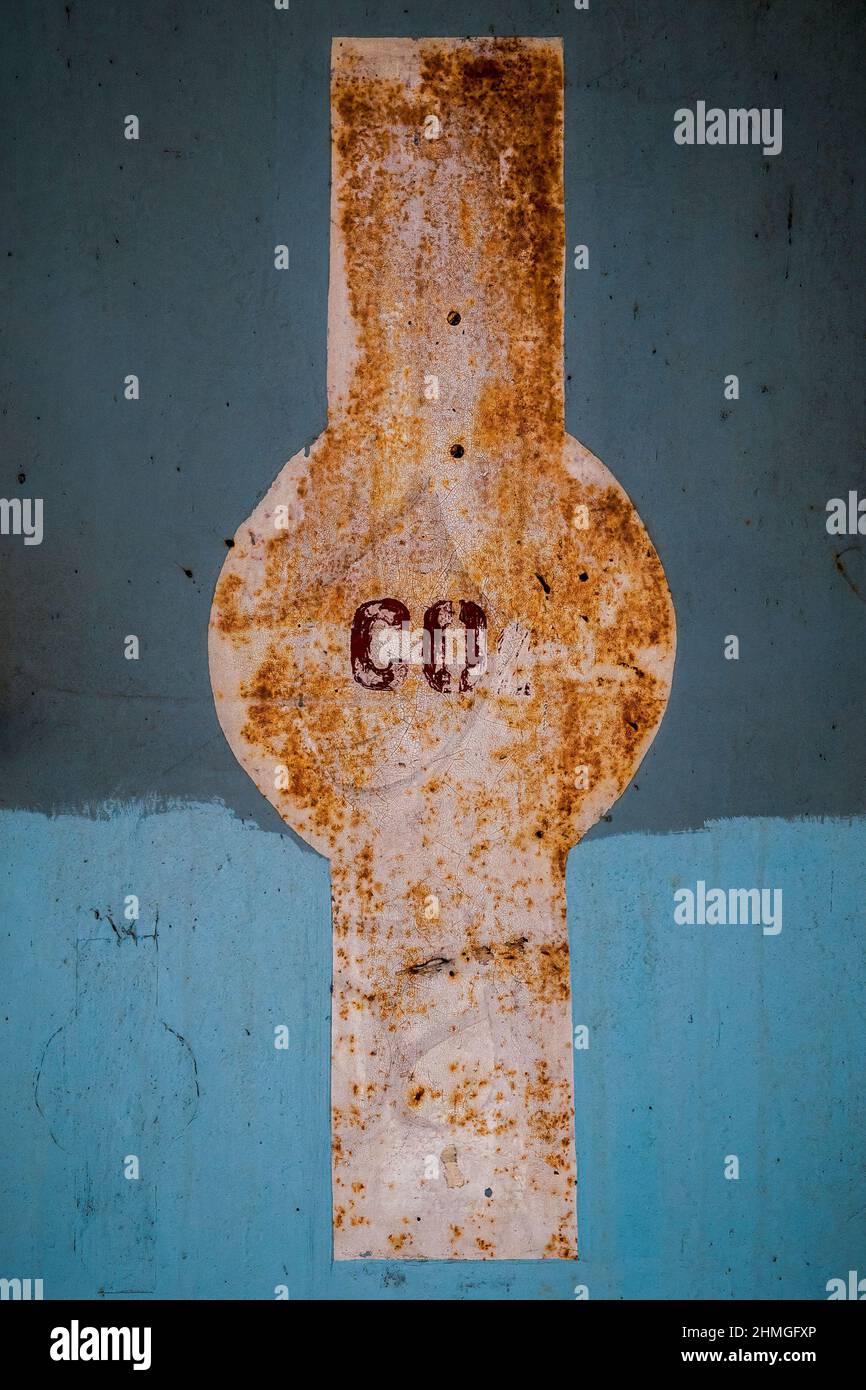 Textural details of distressed warning signs for C02 storage, Admiralty ...