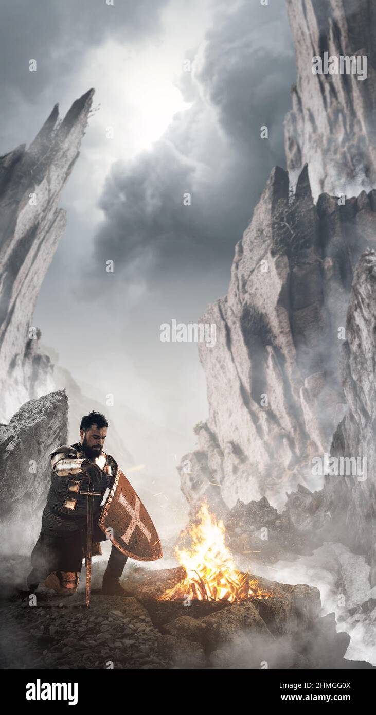 Art collage. Brutal serious medieval warrior or knight with wounded ...