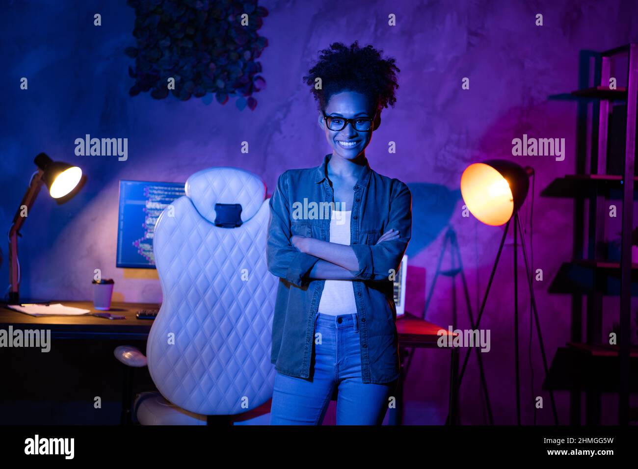 Photo of skilled lady web design expert cross arms ready server ...