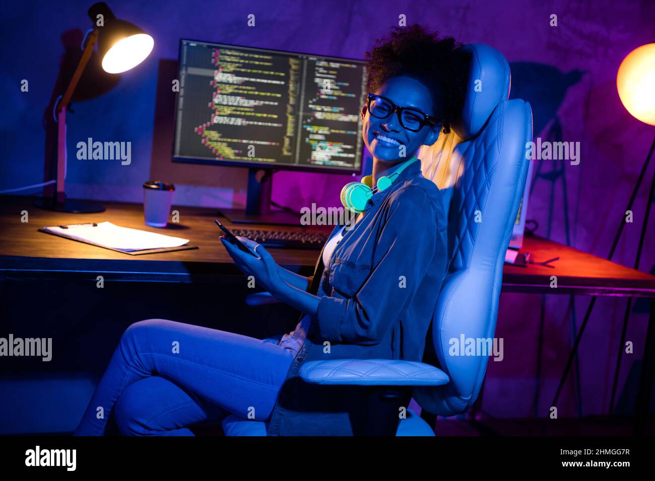 Photo of lady freelancer sit desk use smart gadget chatting screen web ...