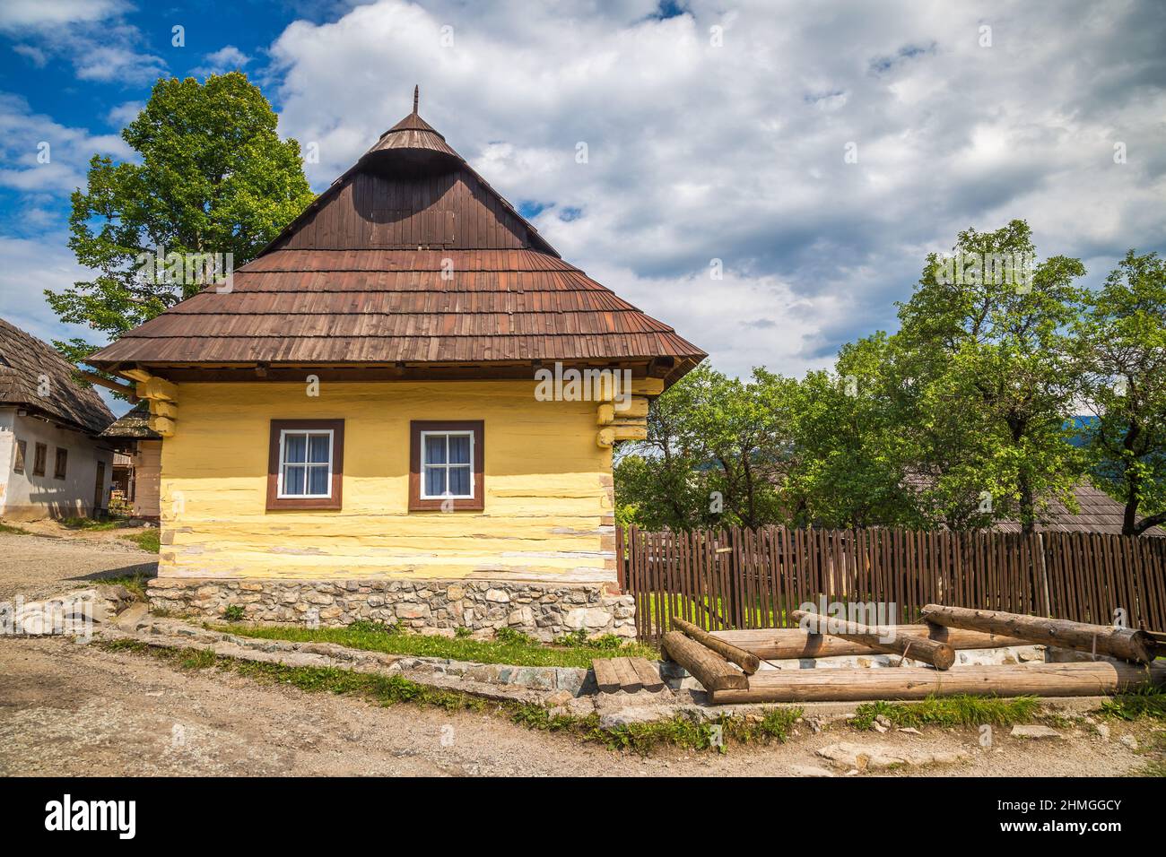 An ancient colorful house in the Vlkolinec village, Slovakia, Europe ...