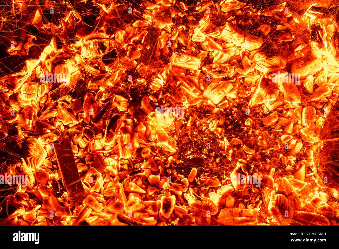 Top above overhead detail view od abstract hot red burning wooden coal ...