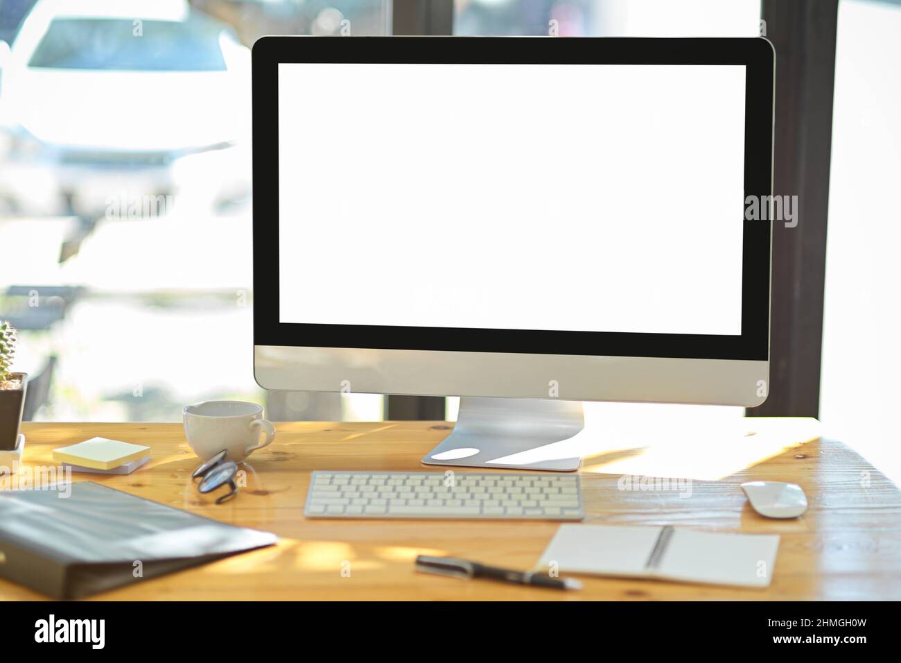 Modern office desk with pc desktop computer white screen monitor ...