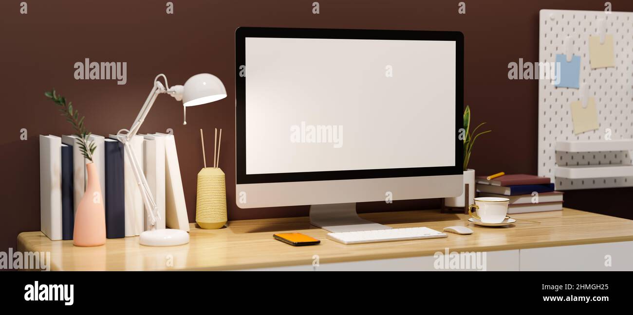 Modern Contemporary Office Workspace With Pc Desktop Computer Mockup Stationery Stack Of Books