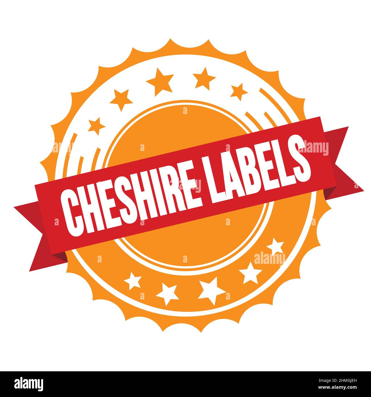 CHESHIRE LABELS text on red orange ribbon badge stamp Stock Photo - Alamy