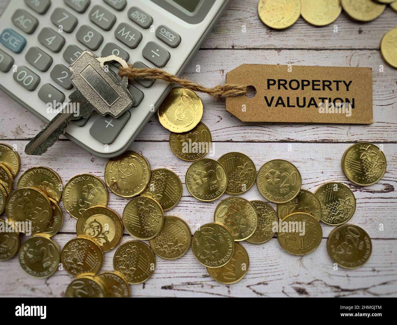 Property valuation text on keychain with calculator, coins, and white ...