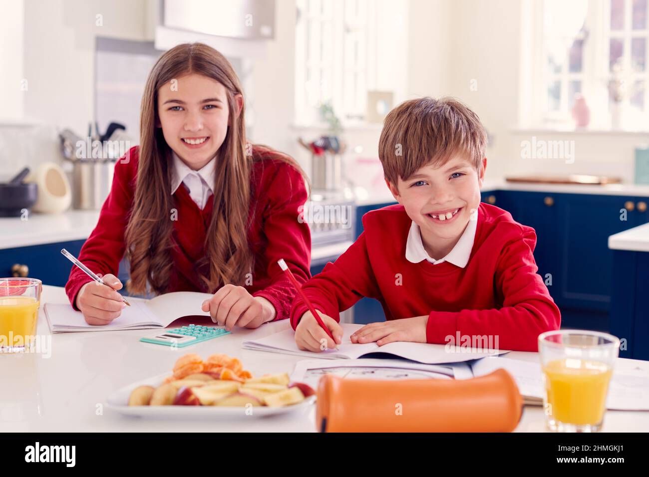 Portrait Of Brother And Sister Wearing School Uniform Doing Homework On ...