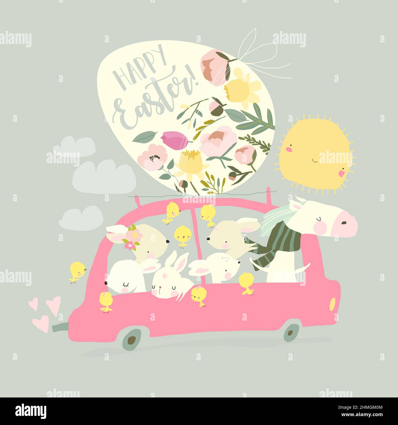 Cute Cartoon Rabbits drivig by Car with Horse and Easter Egg Stock ...