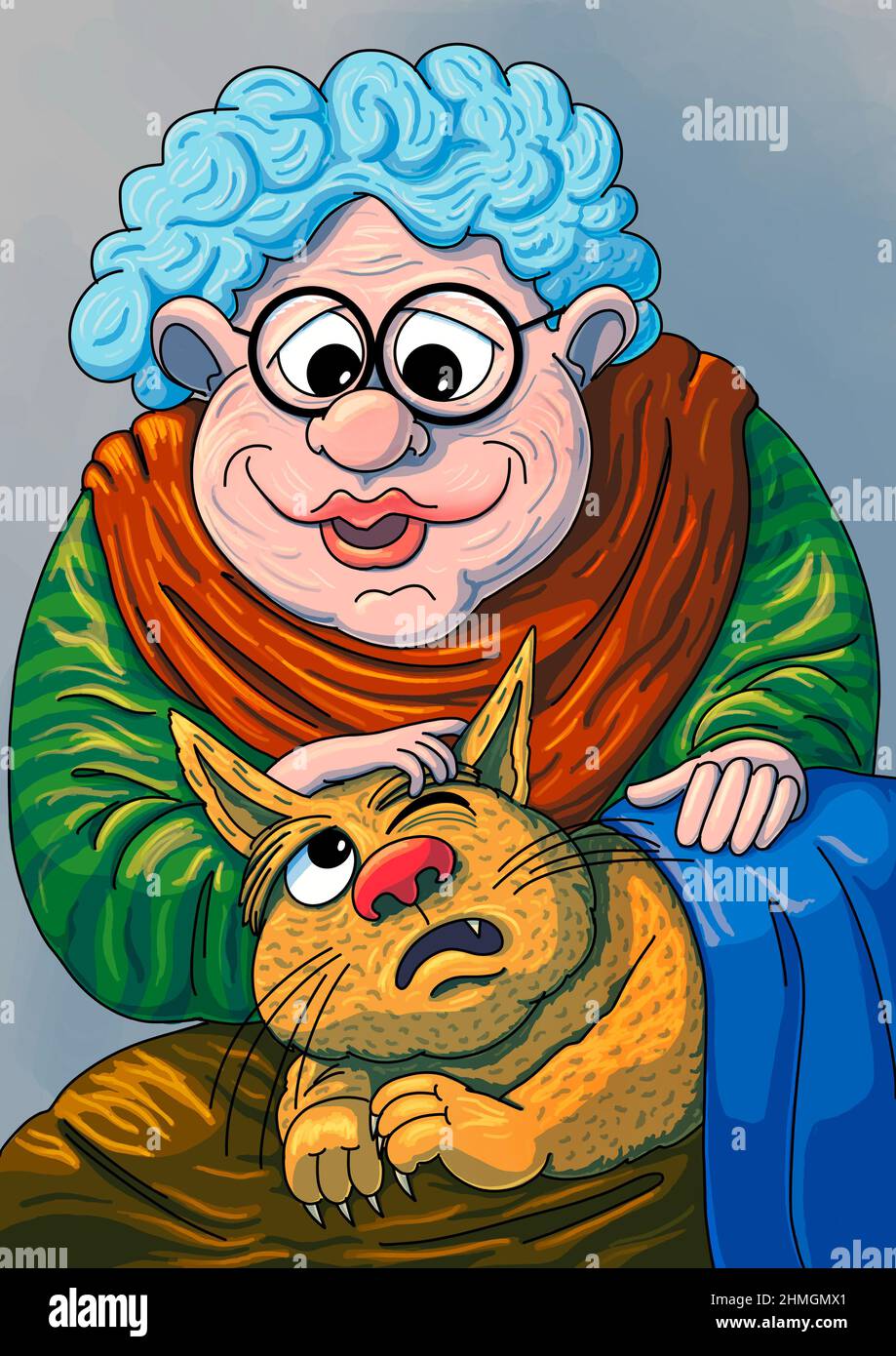 Old lady with a cat - funny colorful cartoon style illustration Stock ...