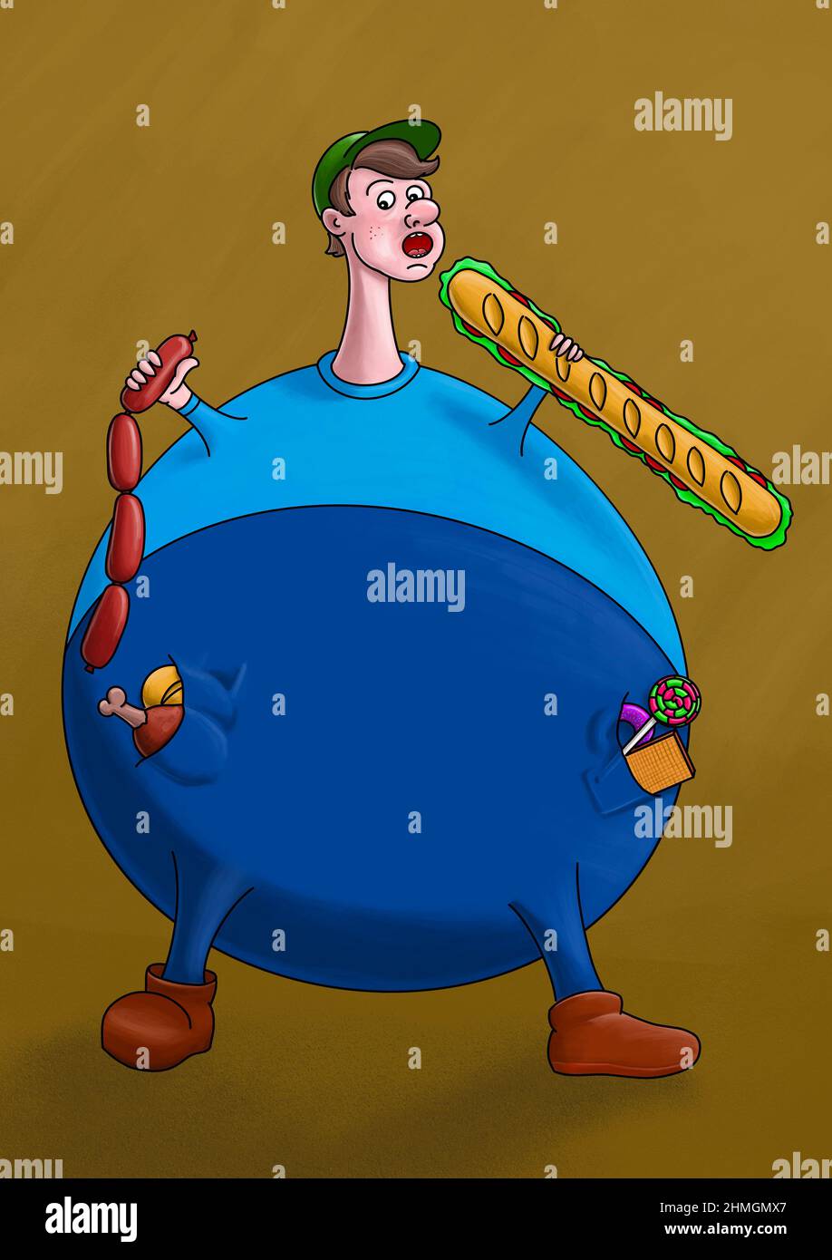 Hungry fat boy eating - funny illustration Stock Photo - Alamy