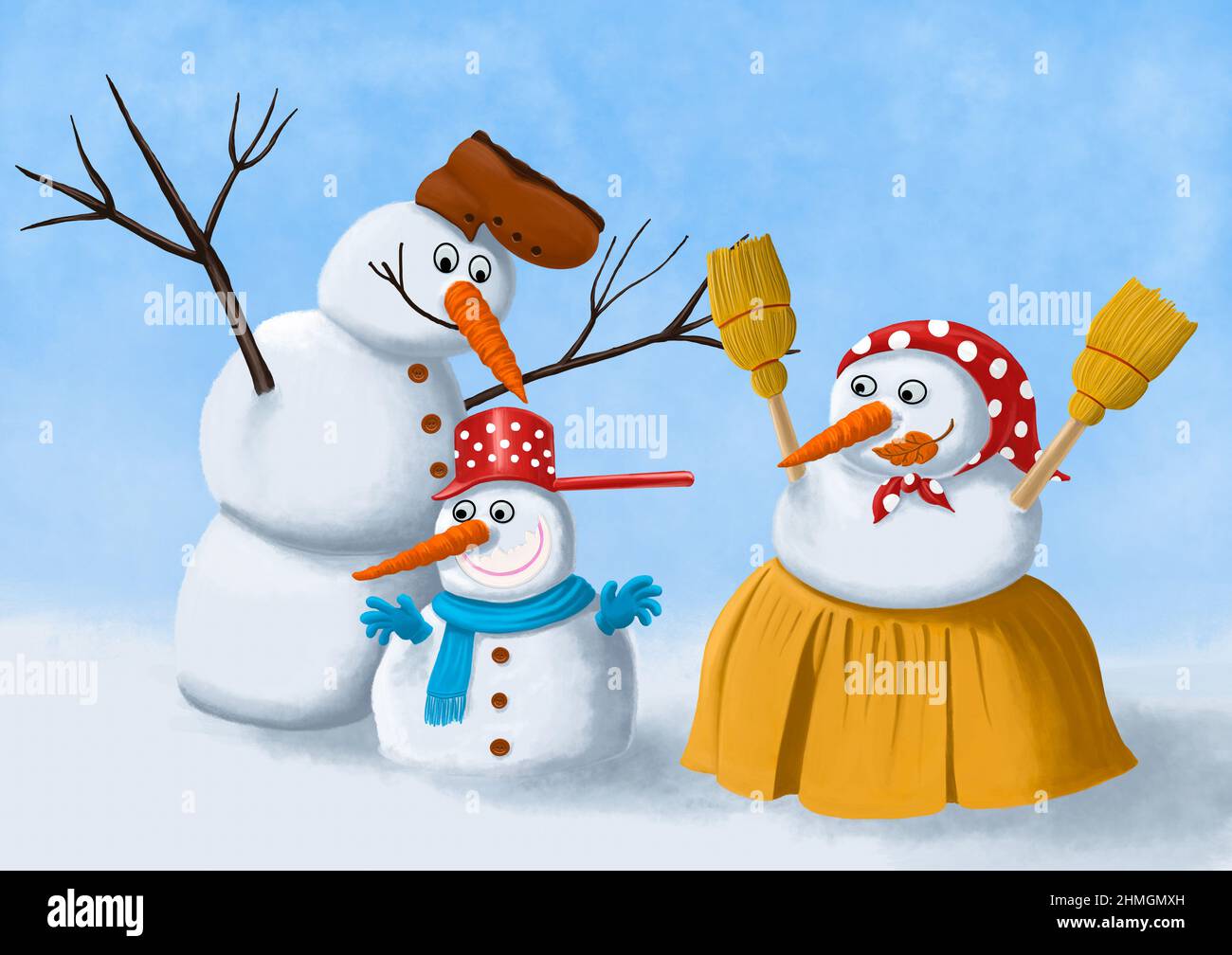 A family of snowmen - funny colorful cartoon illustration Stock Photo - Alamy