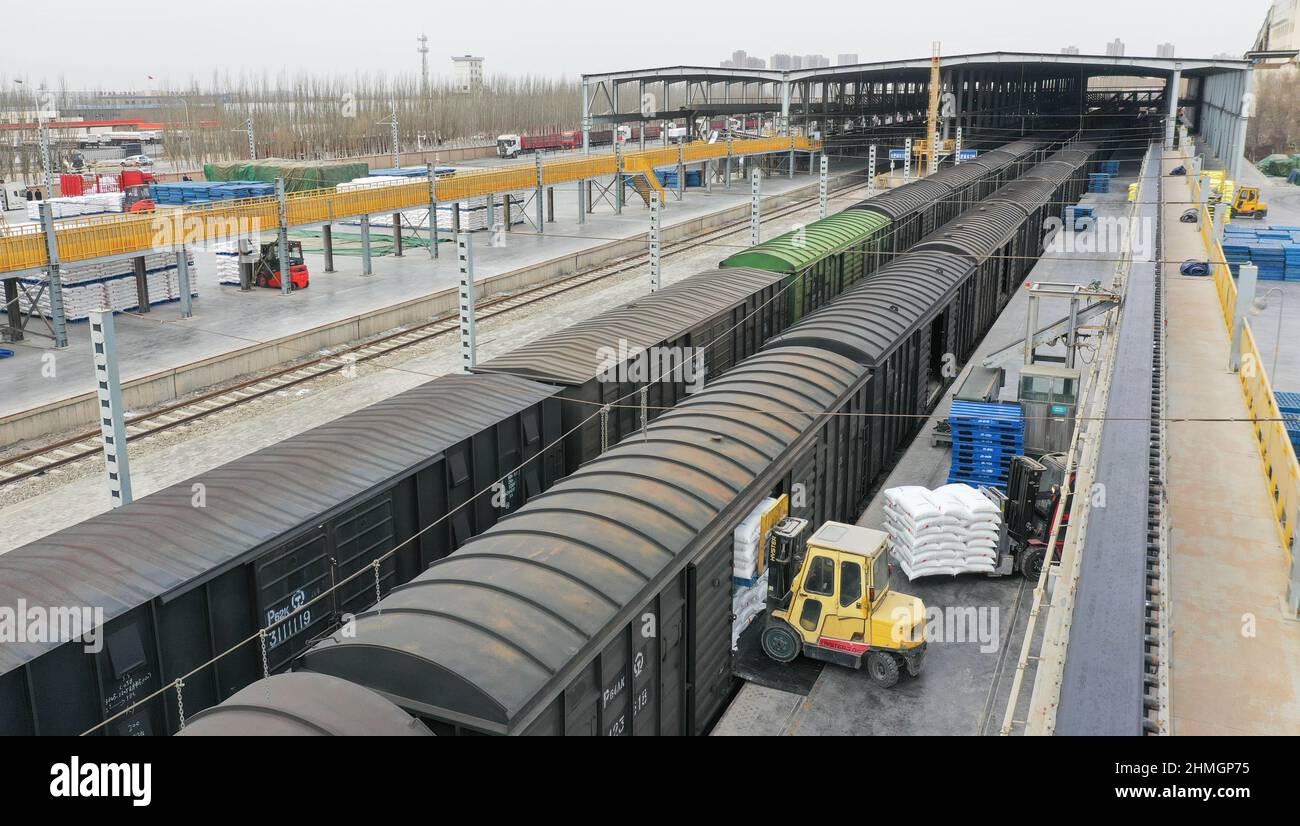 BAZHOU, CHINA - FEBRUARY 10, 2022 - Workers operate forklifts to load ...