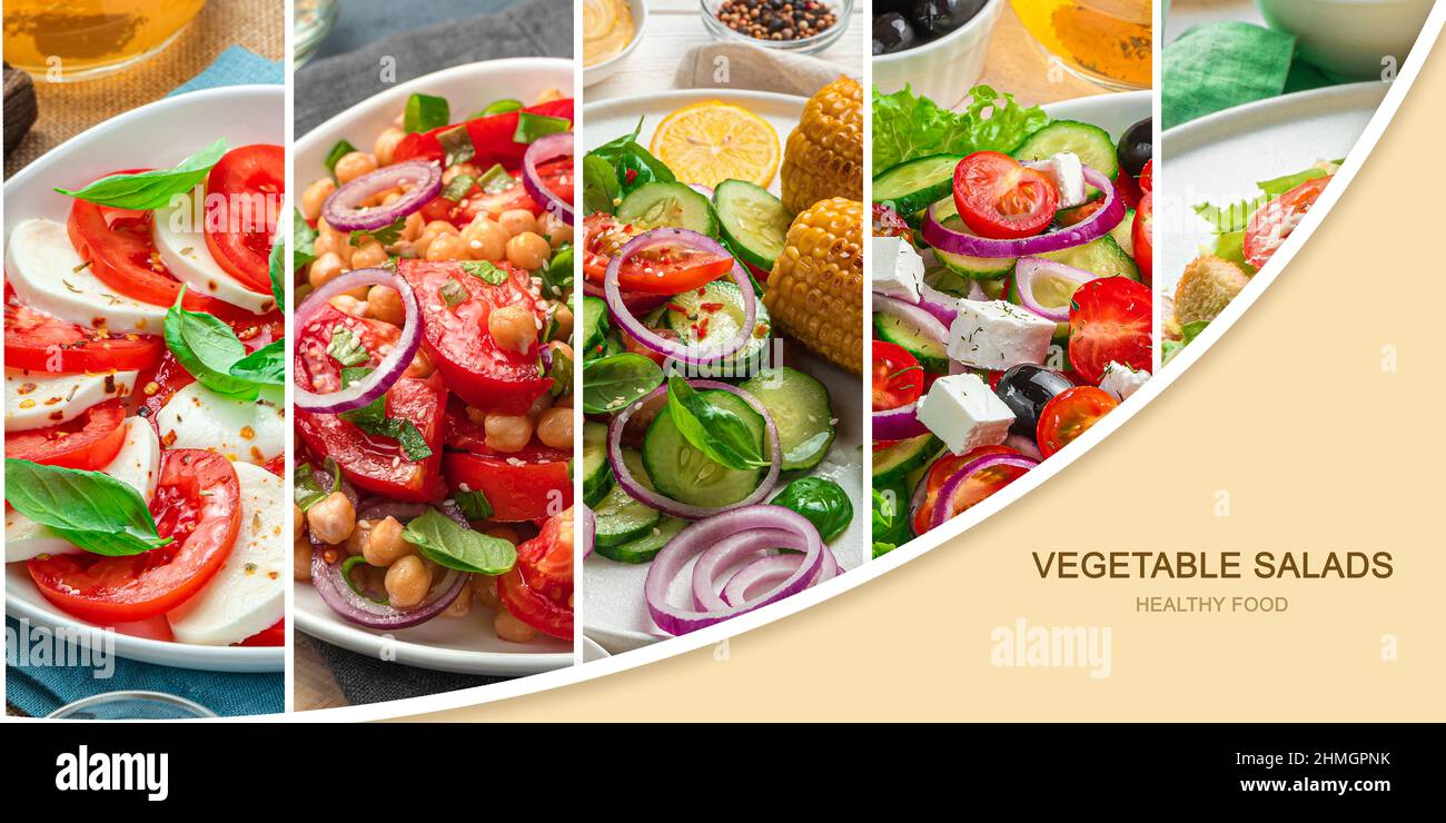Collage with healthy vegetable salads, healthy food. Vegetarian salads ...