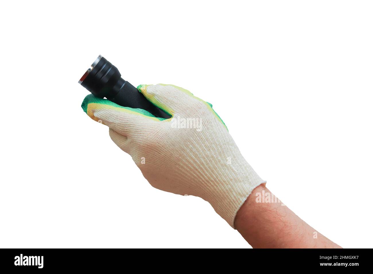 A black LED flashlight in the man's hand is a close-up Stock Photo - Alamy