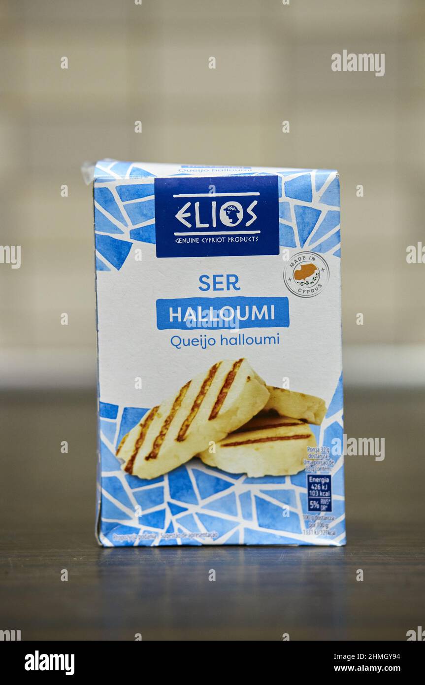Closeup of a Greek Elios brand halloumi cheese in a box with Polish ...