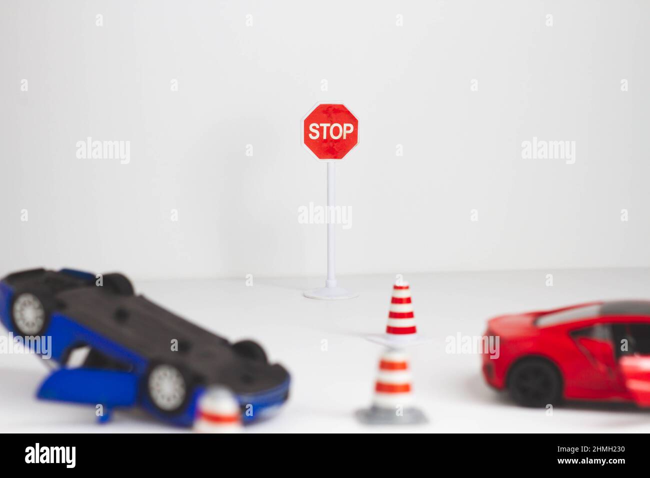 Crash. Signs and cones on the road. Guardrail on the roadway. Driving ...