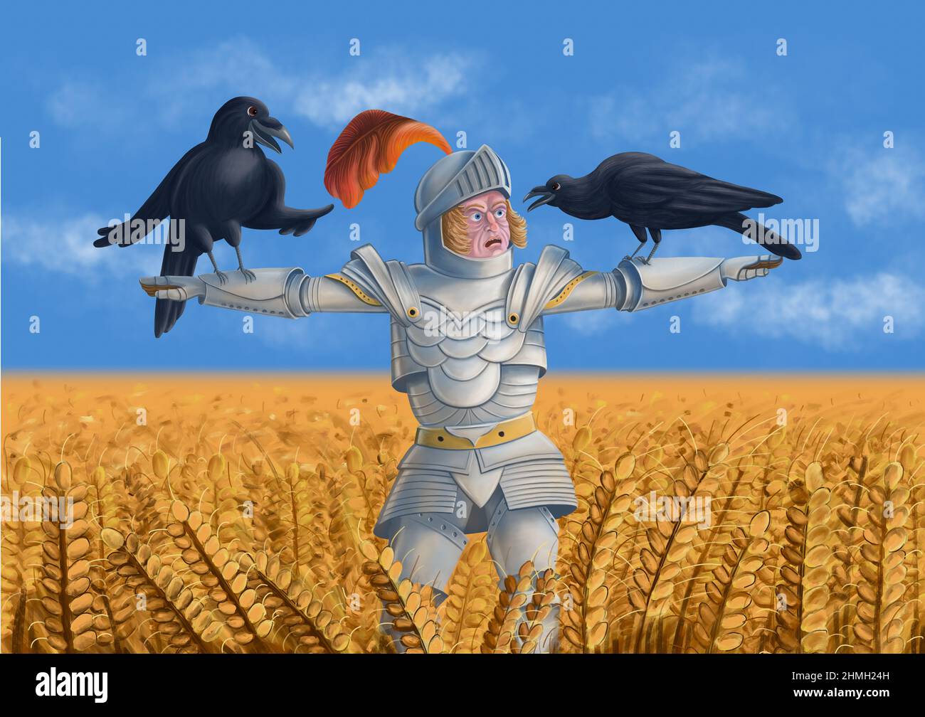 A medieval knight in armor turned into a scarecrow, and two crows that ...