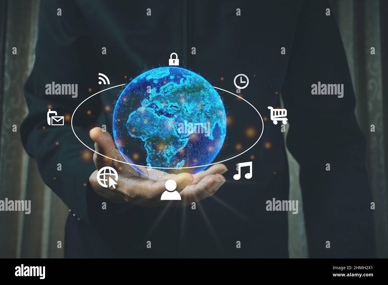 Businessmen hold the world with digital information. The concept of ...