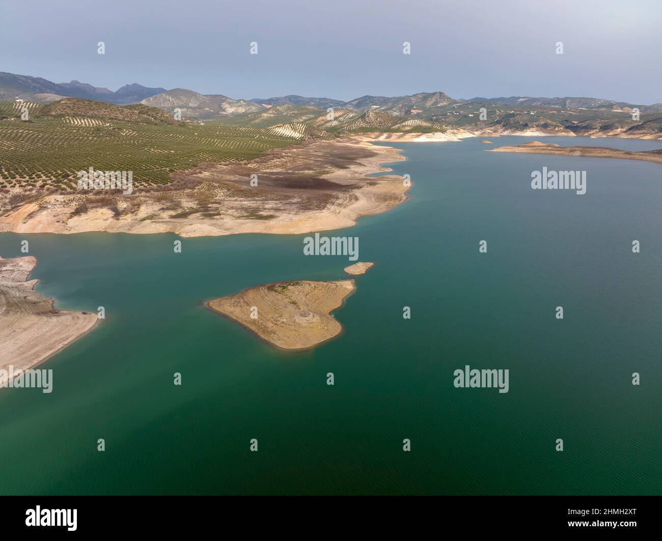view of a water reservoir with low water levels Stock Photo - Alamy