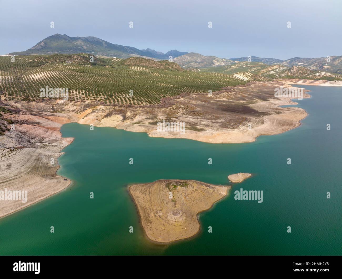 view of a water reservoir with low water levels Stock Photo - Alamy