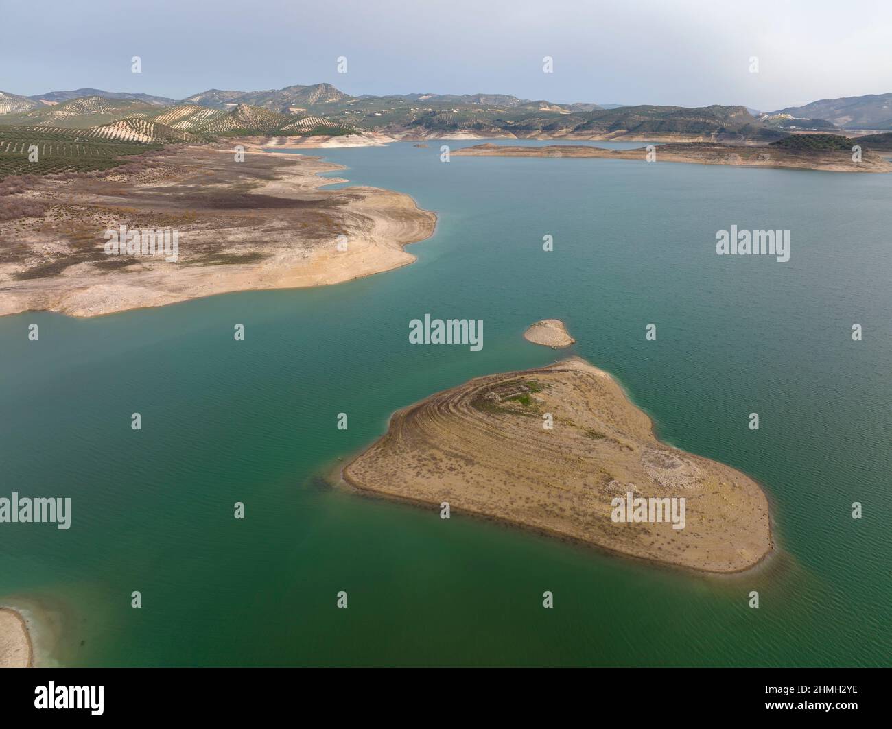view of a water reservoir with low water levels Stock Photo - Alamy