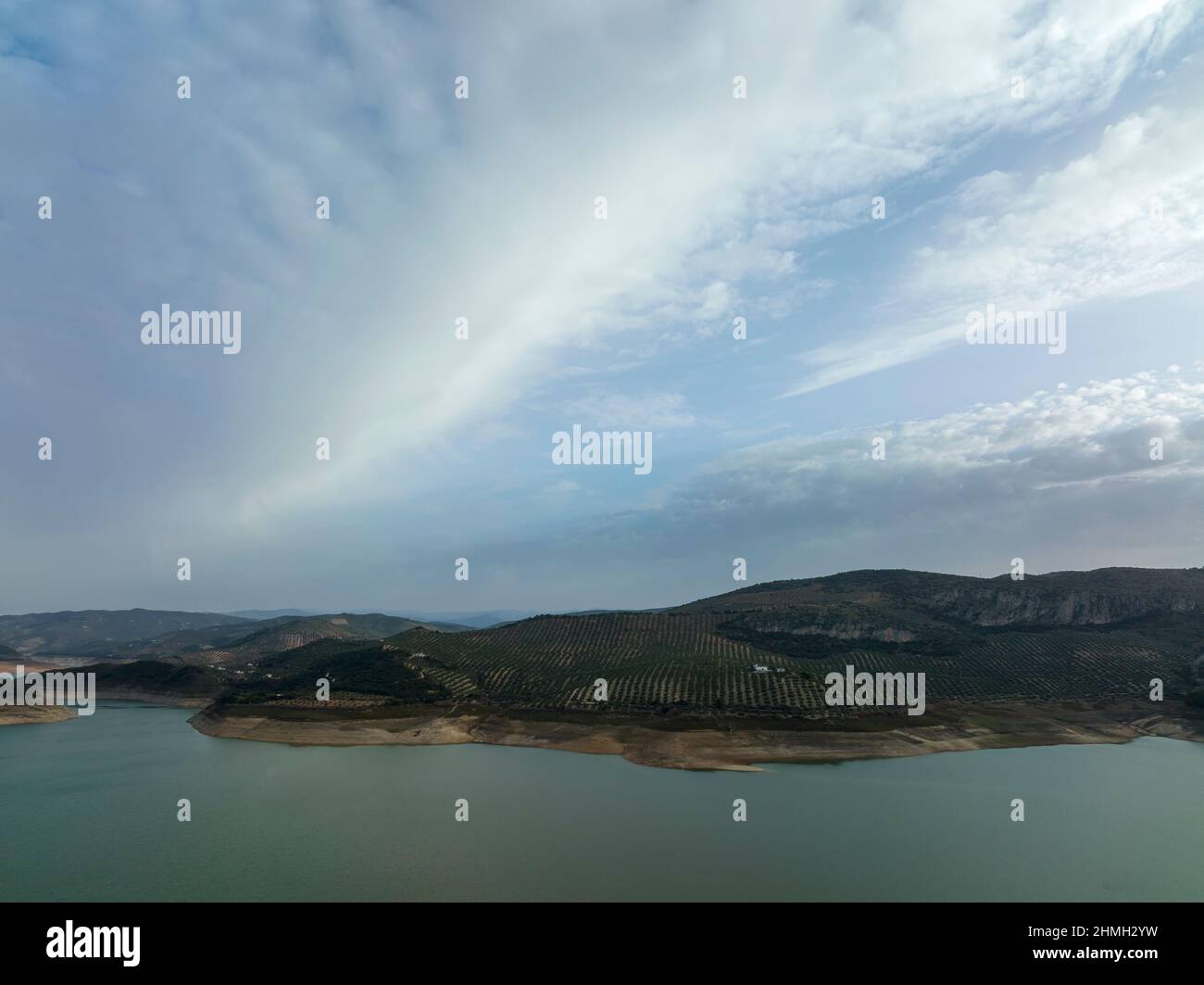 view of a water reservoir with low water levels Stock Photo - Alamy