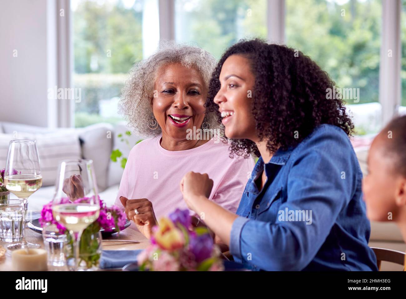 Mother And Adult Daughter Enjoying Multi-Generation Family Meal At Home ...