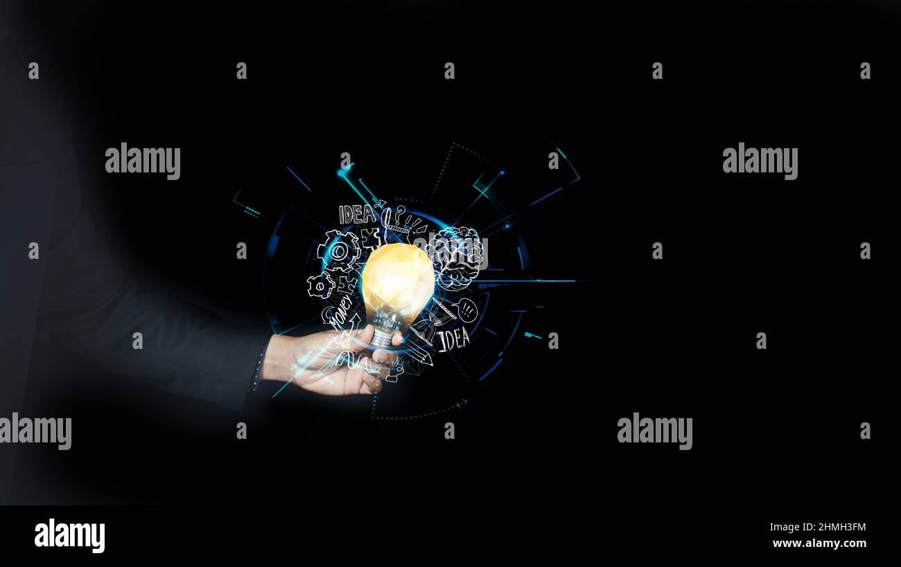 Businessman's hand Energy saving concept Mobile bulb with icon Stock ...