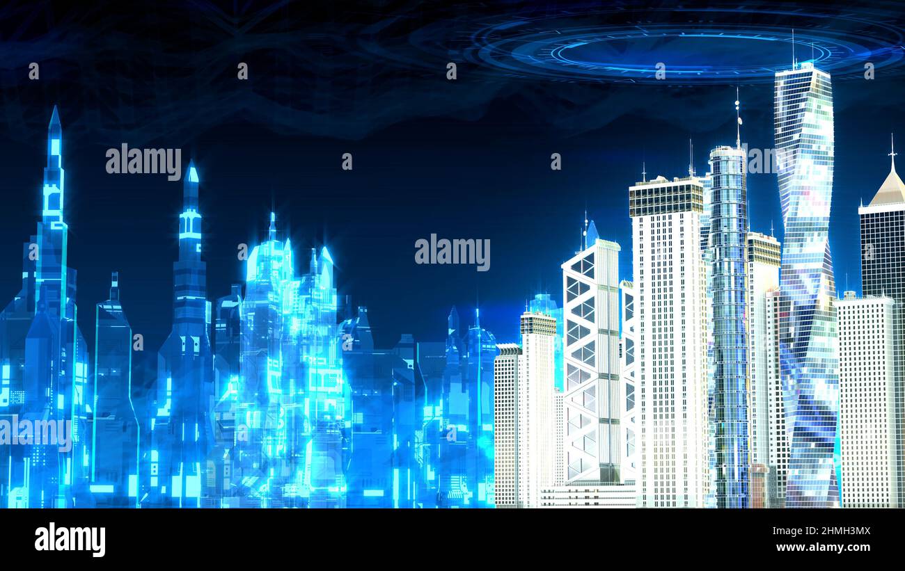 metaverse background - city integrated in digital world - abstract 3D ...