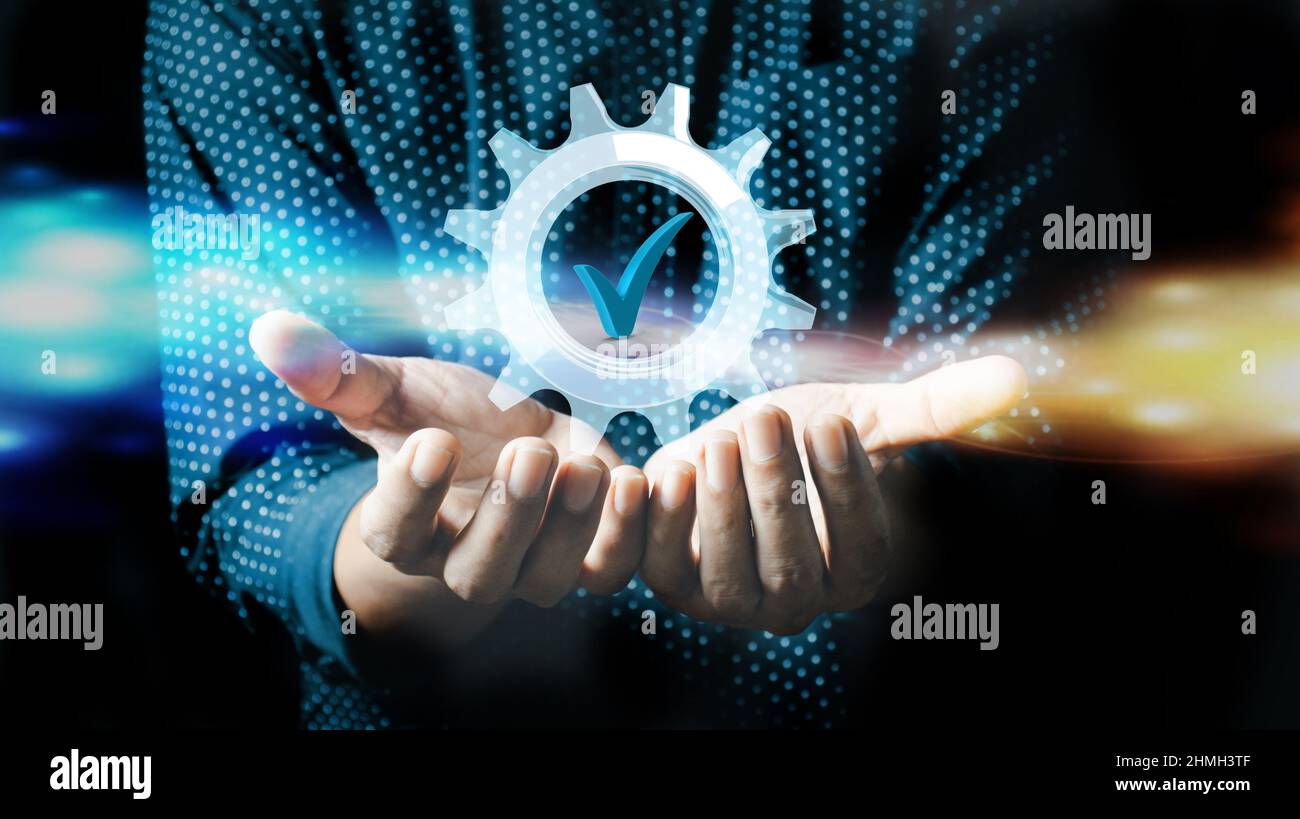 Hand shows the sign of the top service Quality assurance, Guarantee ...