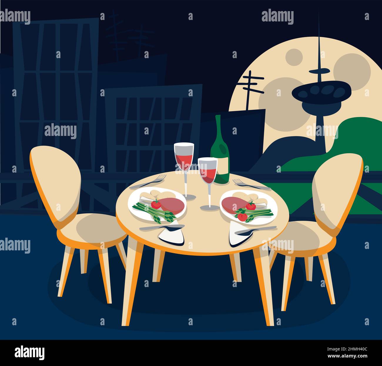 Cozy beautiful restaurant on rooftop with table and two chair in the ...