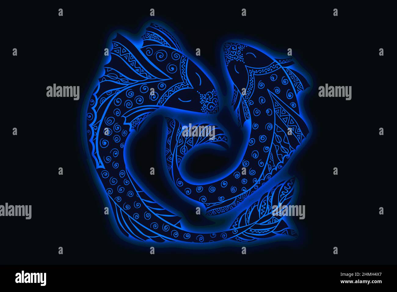 Pisces horoscope sign in twelve zodiac signs on dark blue background ...