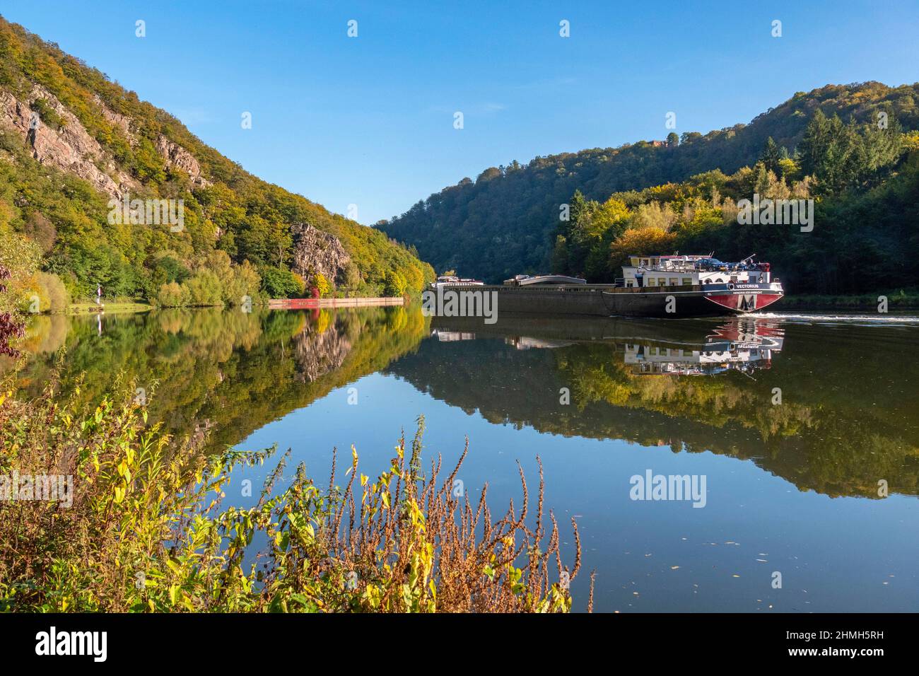 Cargo ship on the saarschleife with montclair castle hi-res stock ...