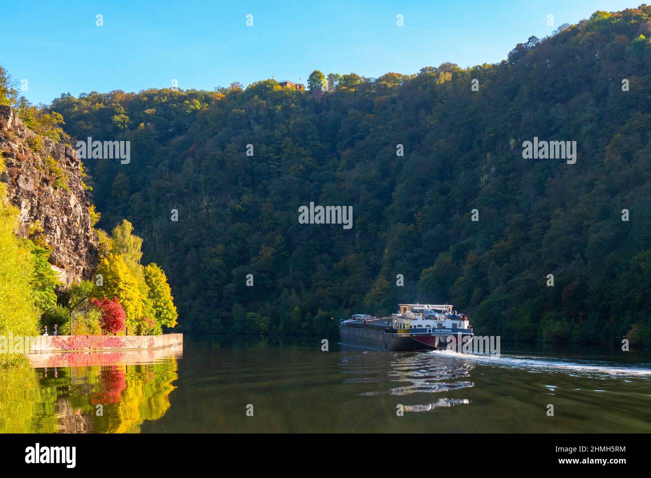 Cargo ship on the Saarschleife with Montclair Castle, Mettlach, Saar ...