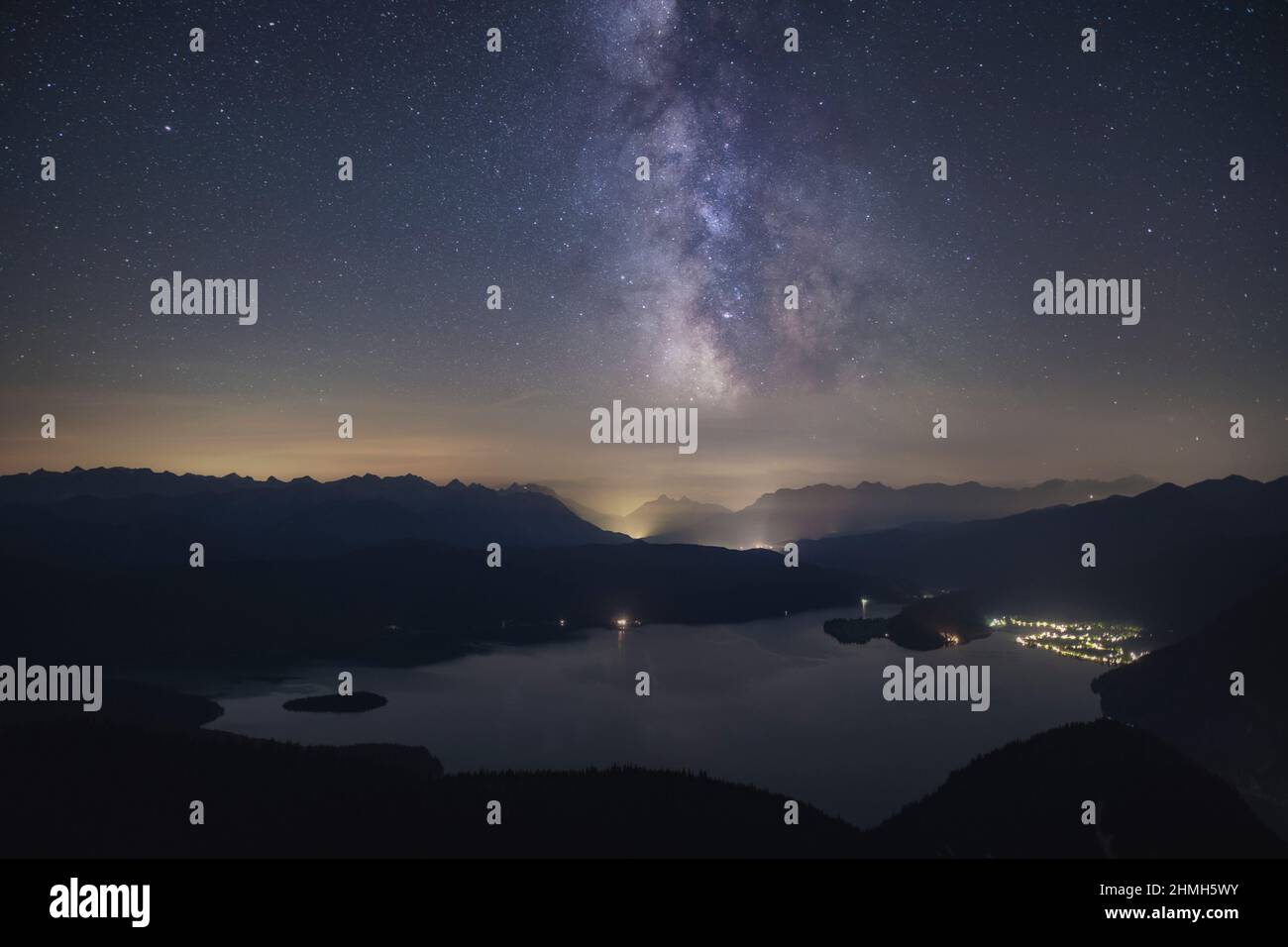 The view from the Jochberg over the Walchensee with the Milky Way Stock ...