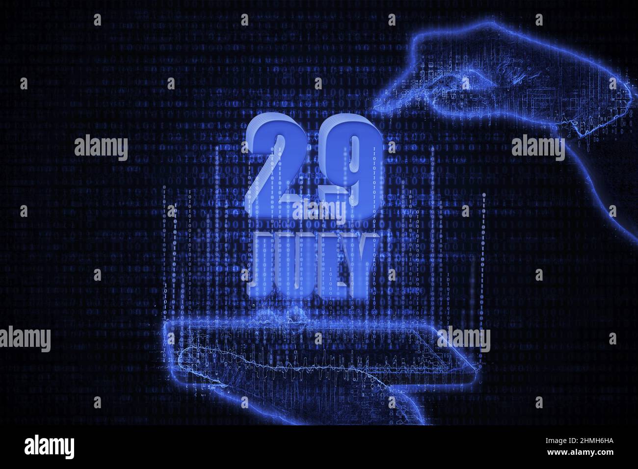July 29th. A hand holding a phone with a calendar date on a futuristic ...