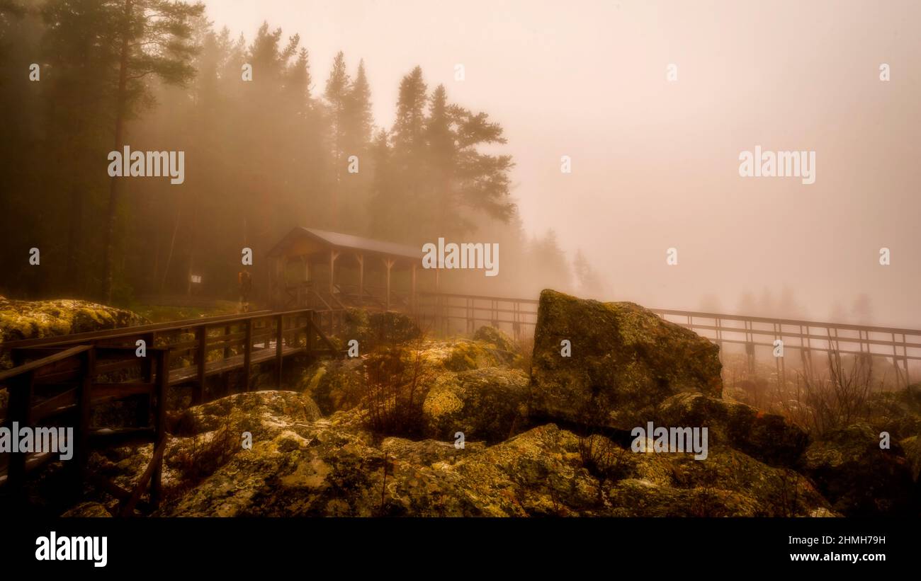 landscape in the mist with foot path over rocks in forest with building ...