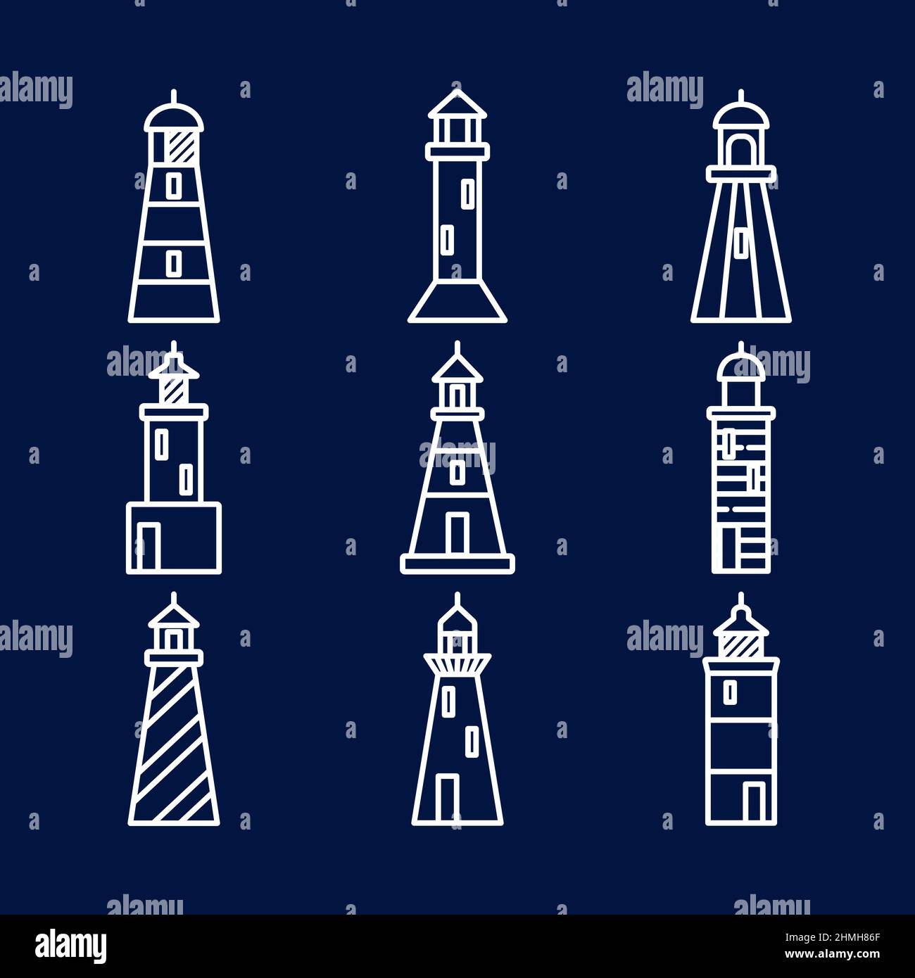 Lighthouse icons set in thin line style isolated on dark background ...